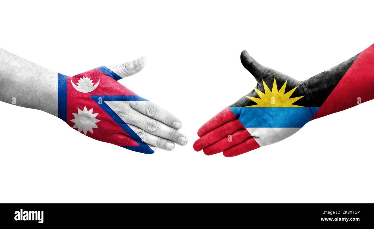 Handshake between Antigua and Barbuda and Nepal flags painted on hands ...
