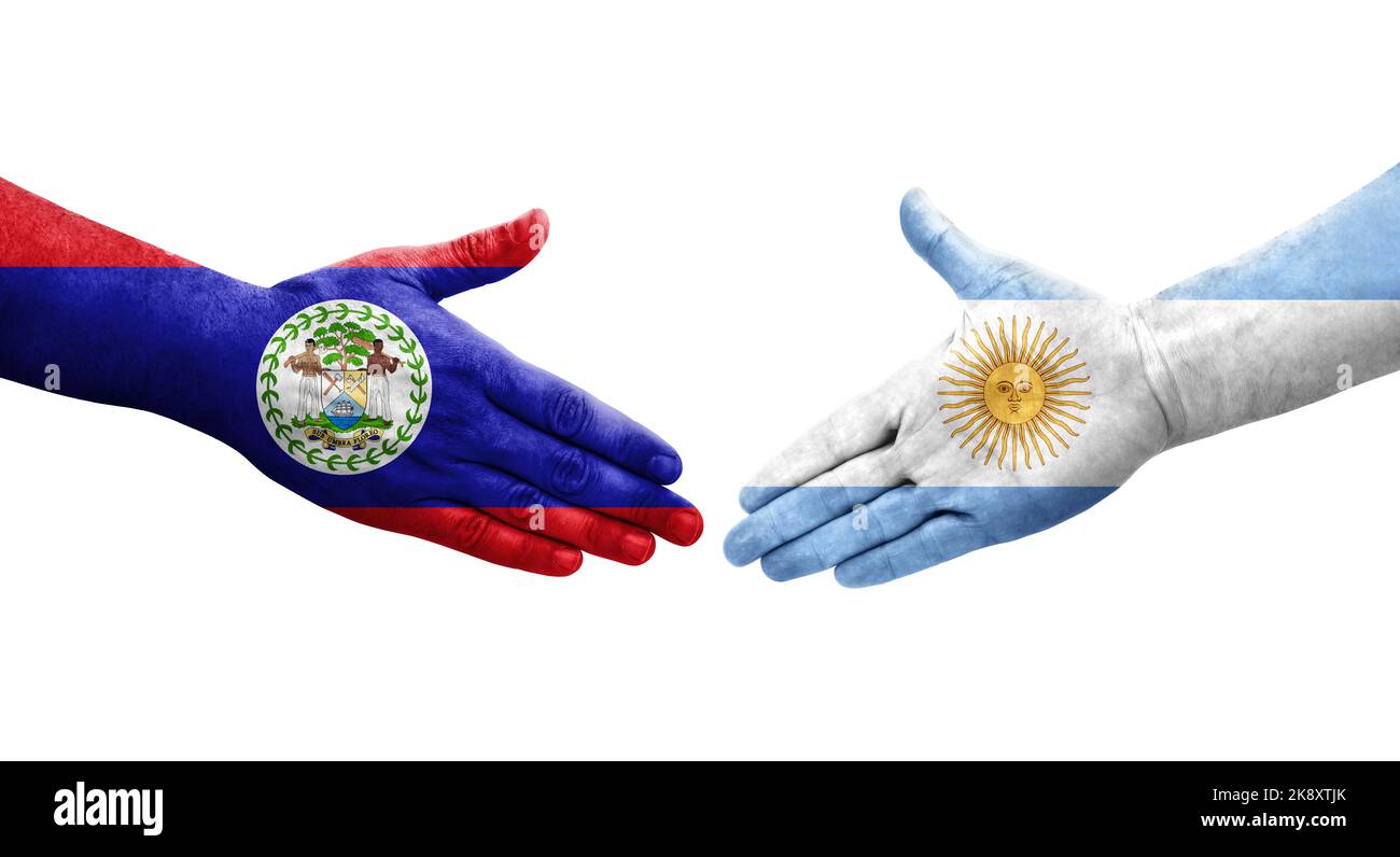Handshake between Argentina and Belize flags painted on hands, isolated ...