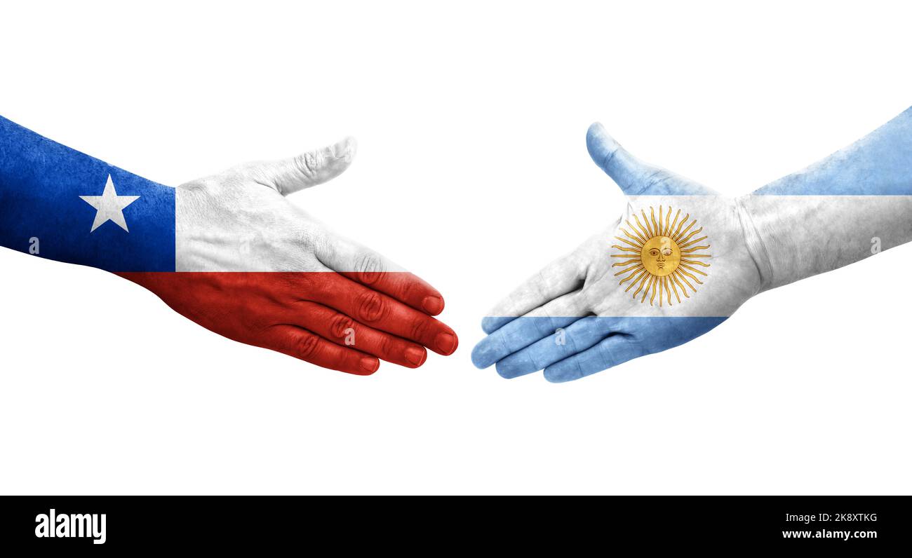 Handshake between Argentina and Chile flags painted on hands, isolated ...