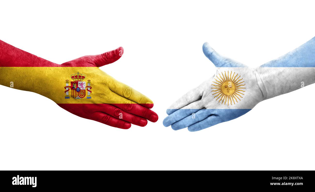 Handshake between Argentina and Spain flags painted on hands, isolated ...