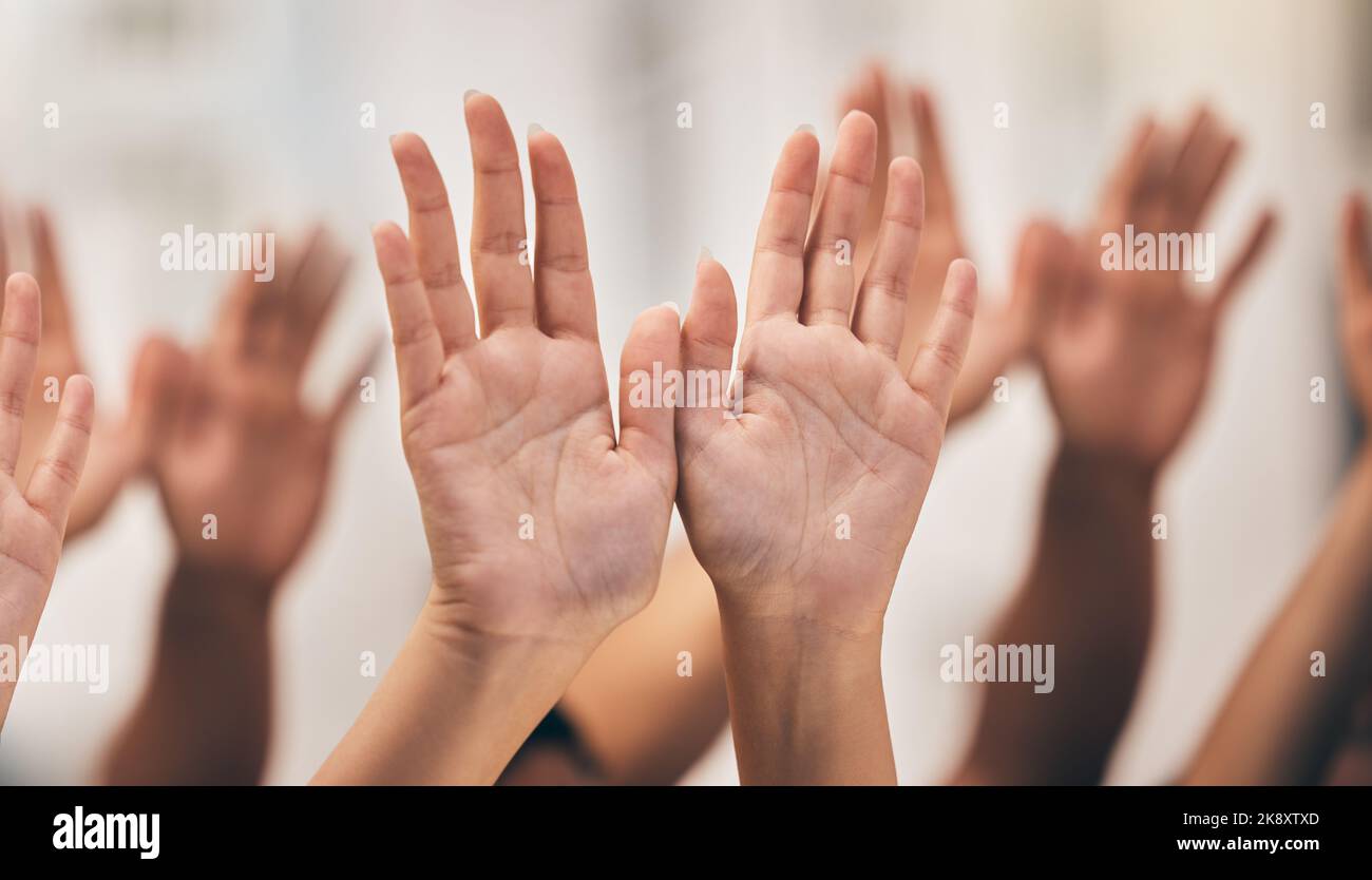 Worship, church and hands praying with support, community and hope ...