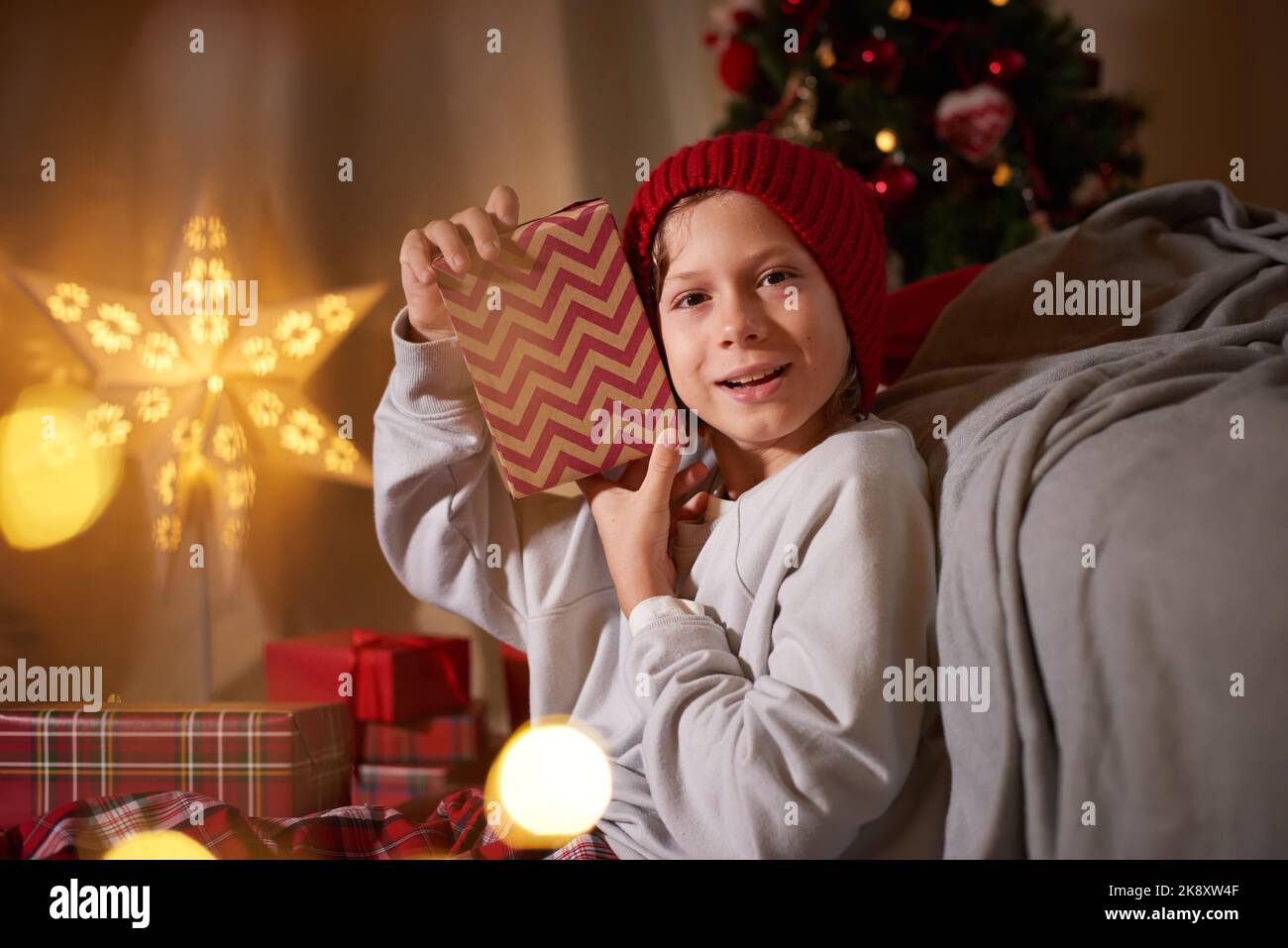 Kid opening Christmas gift New Year card adorable character Holiday ...