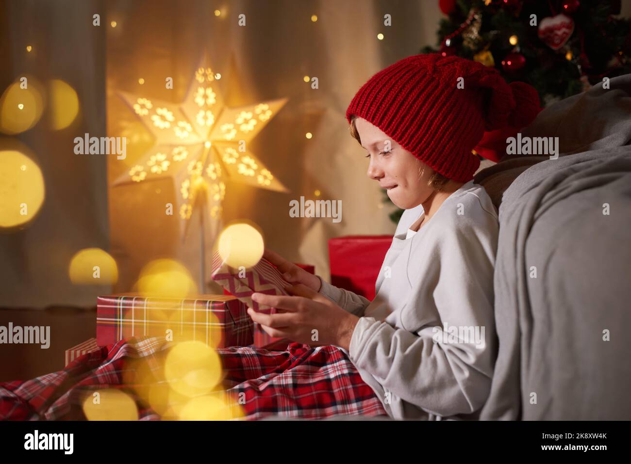 Boy opening Christmas gift New Year card adorable character Holiday ...