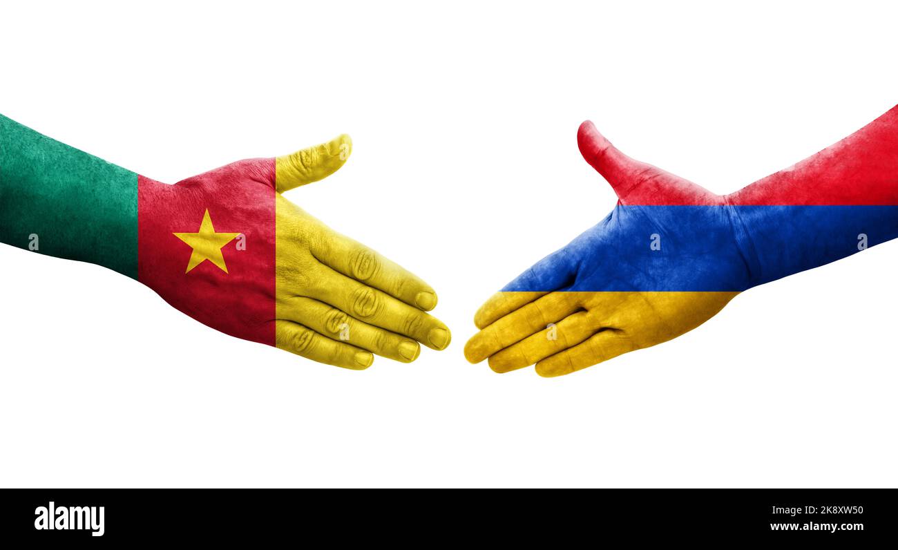 Handshake between Armenia and Cameroon flags painted on hands, isolated ...