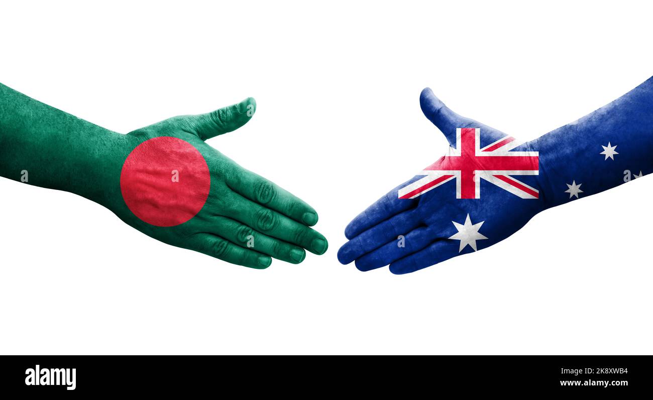 Handshake between Australia and Bangladesh flags painted on hands ...
