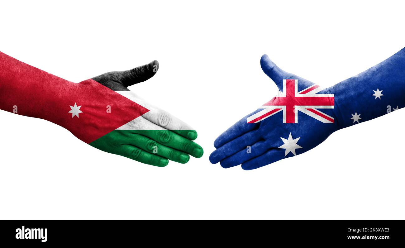 Handshake between Australia and Jordan flags painted on hands, isolated ...
