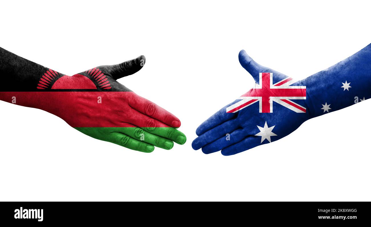 Handshake between Australia and Malawi flags painted on hands, isolated ...