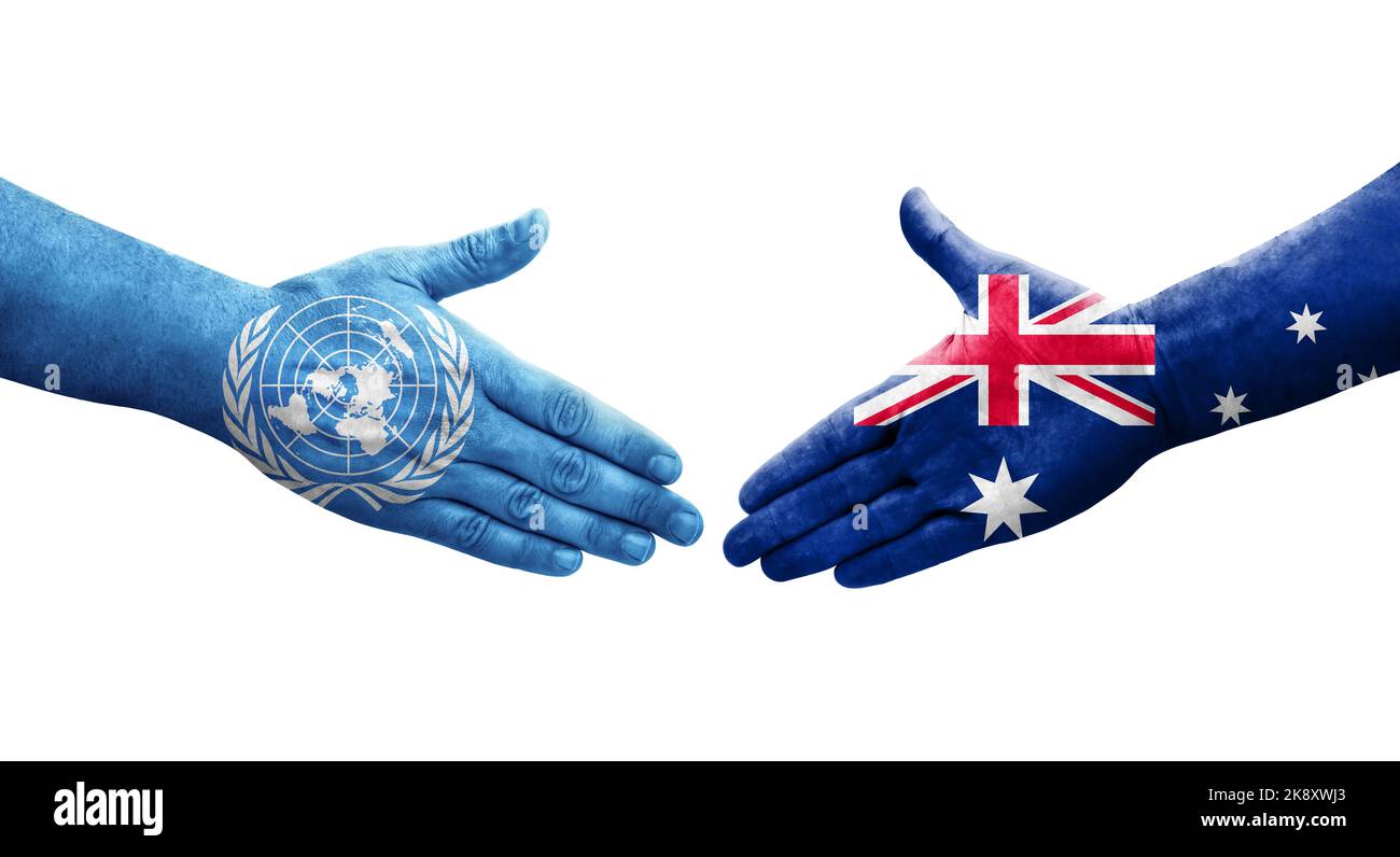 Handshake between Australia and United Nations flags painted on hands ...