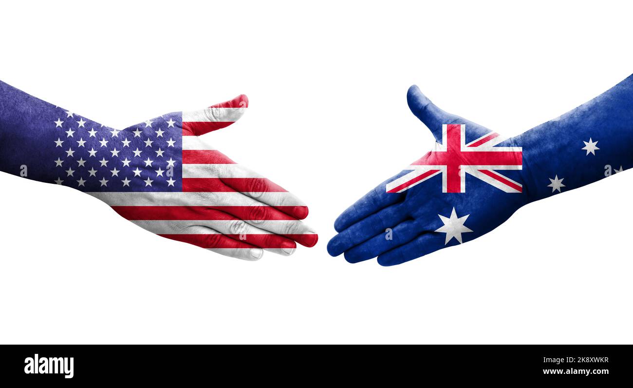 Handshake between Australia and USA flags painted on hands, isolated ...