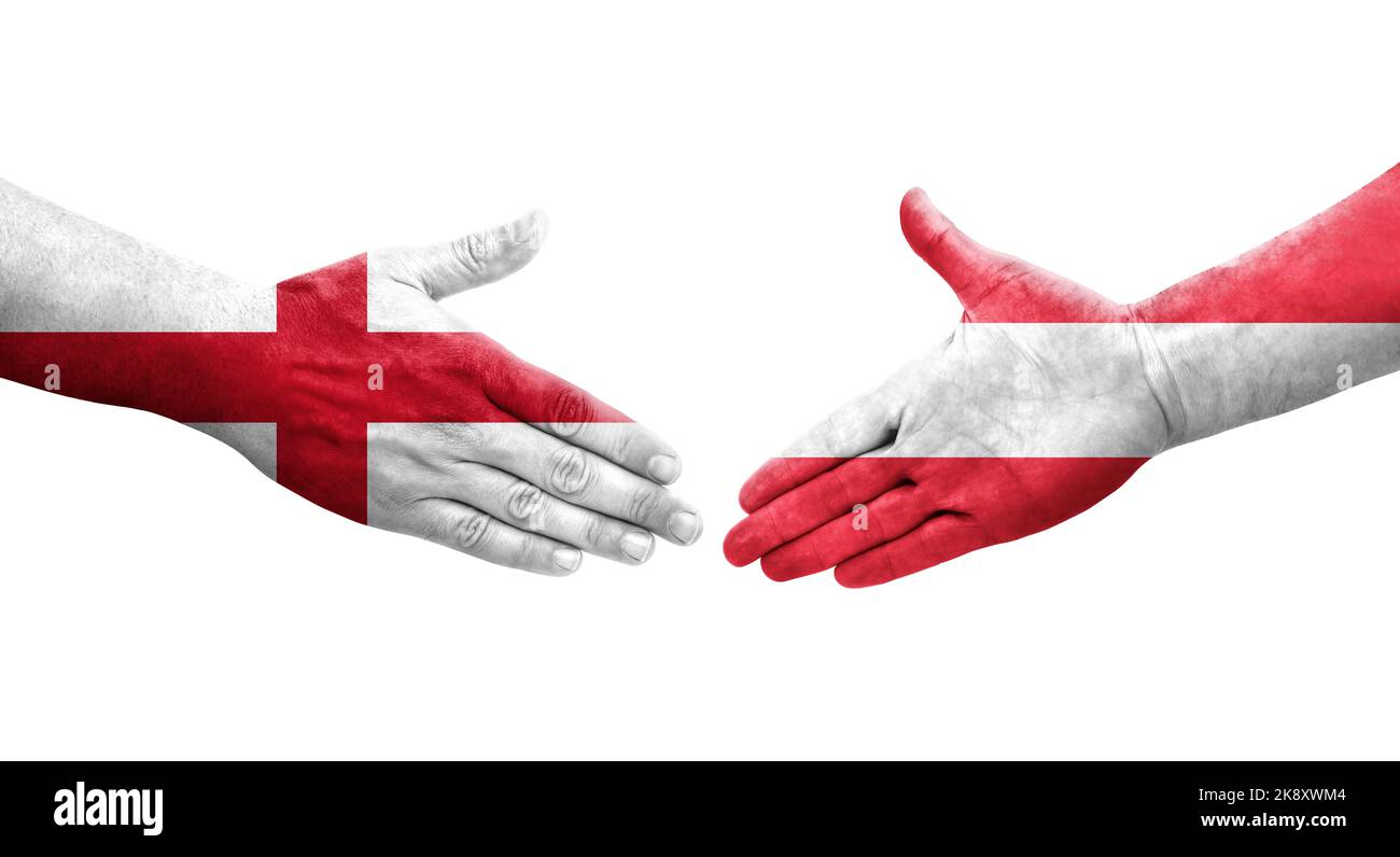 Handshake between Austria and England flags painted on hands, isolated ...