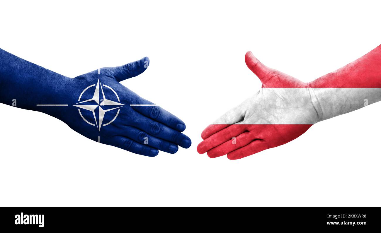 Handshake between Austria and Nato flags painted on hands, isolated ...