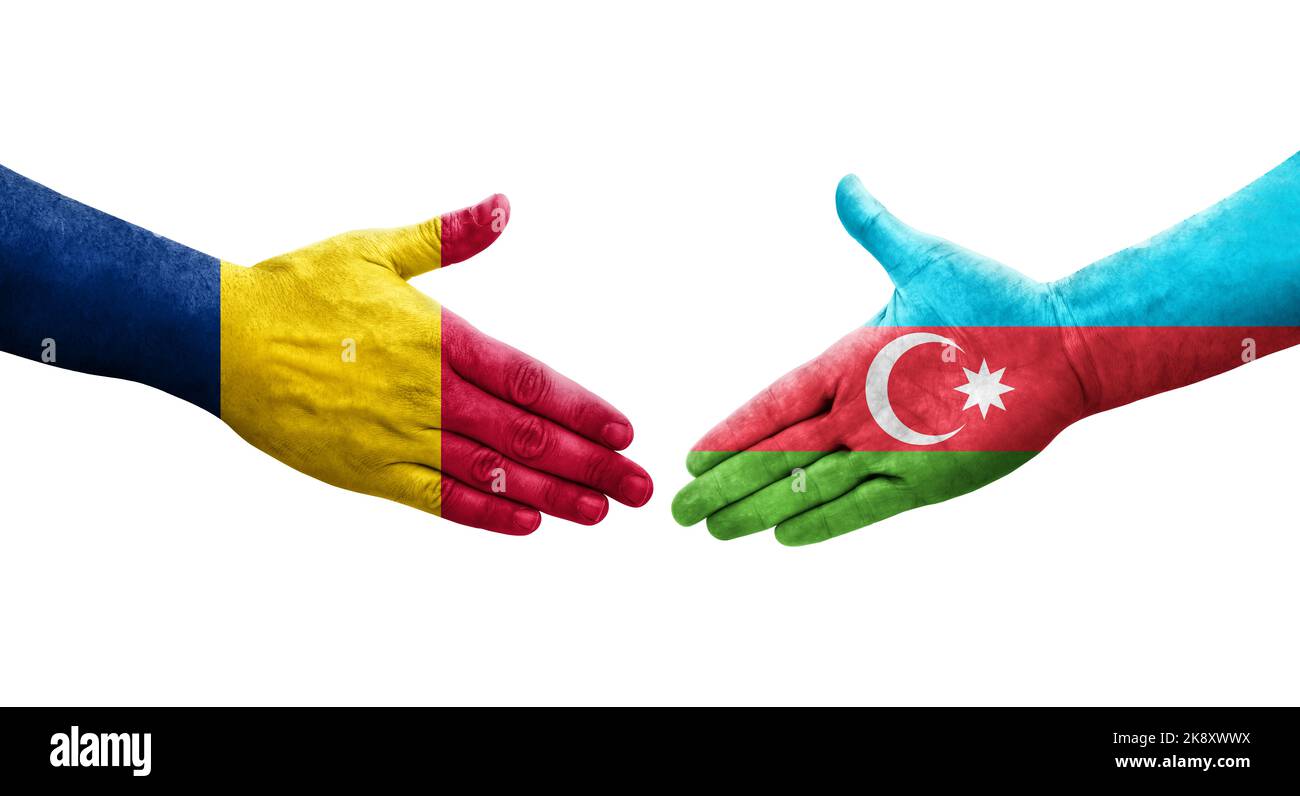 Handshake between Azerbaijan and Chad flags painted on hands, isolated ...