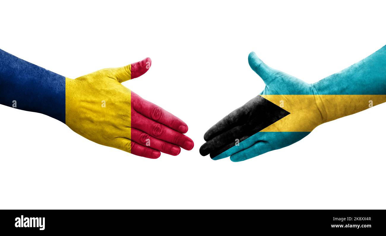 Handshake between Bahamas and Chad flags painted on hands, isolated ...