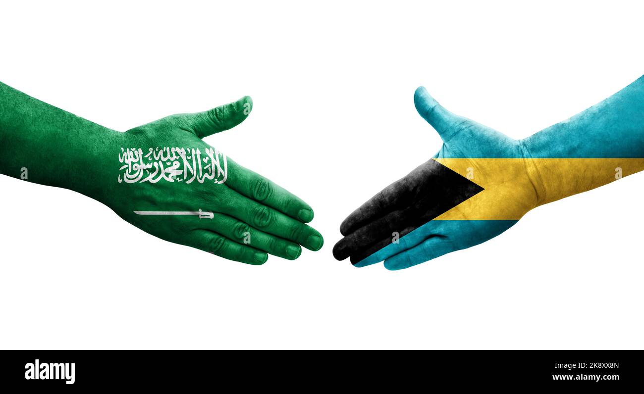 Handshake between Bahamas and Saudi Arabia flags painted on hands ...