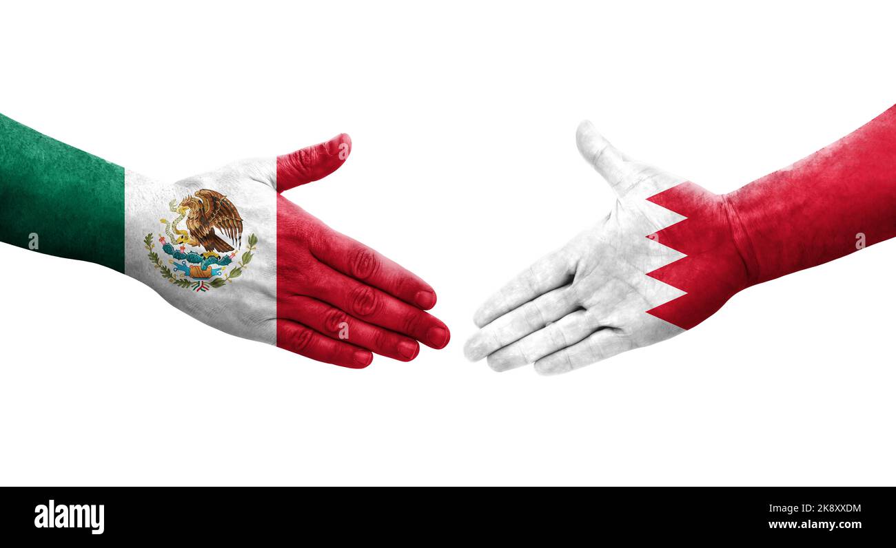 Handshake between Bahrain and Mexico flags painted on hands, isolated ...