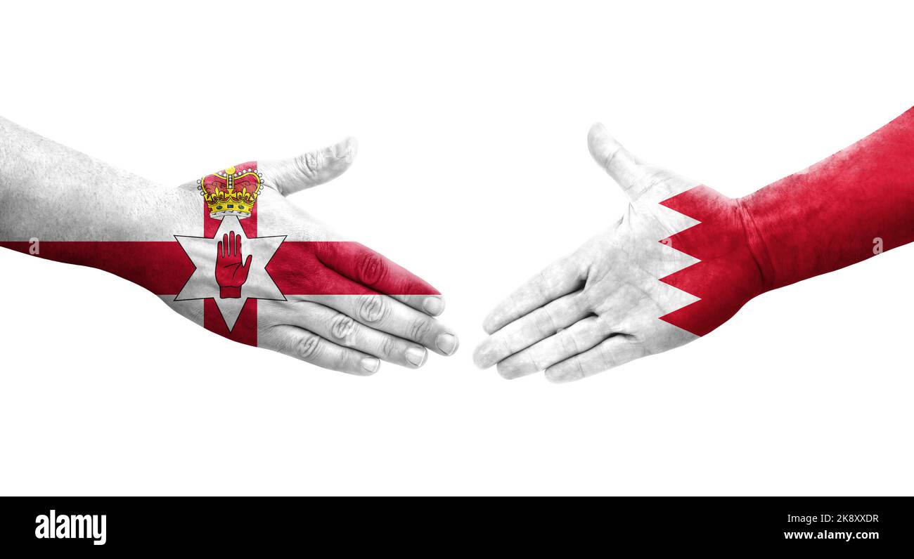 Handshake between Bahrain and Northern Ireland flags painted on hands ...
