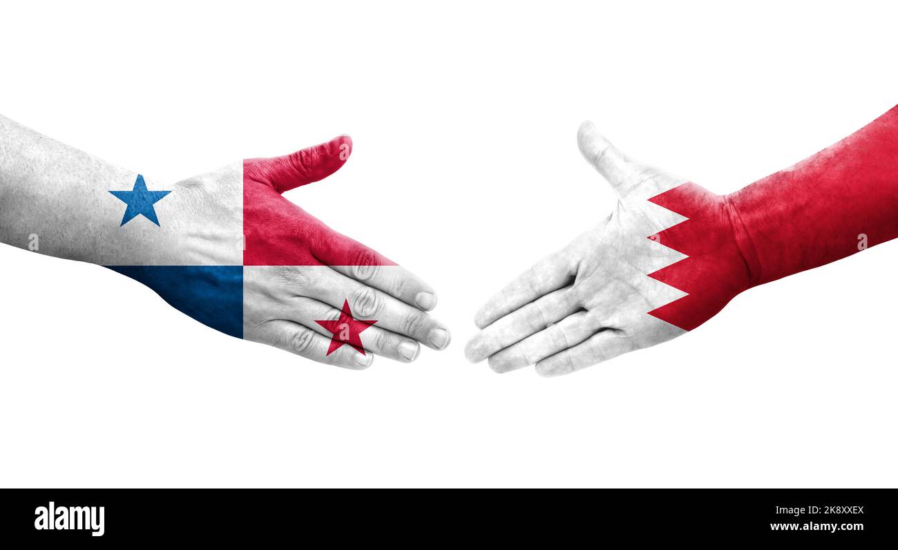 Handshake between Bahrain and Panama flags painted on hands, isolated ...
