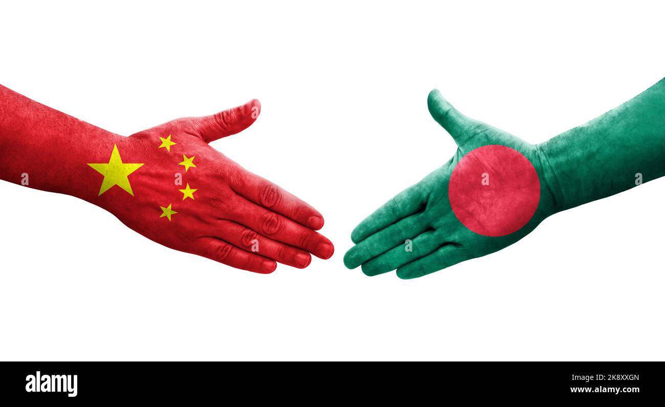 Handshake between Bangladesh and China flags painted on hands, isolated ...