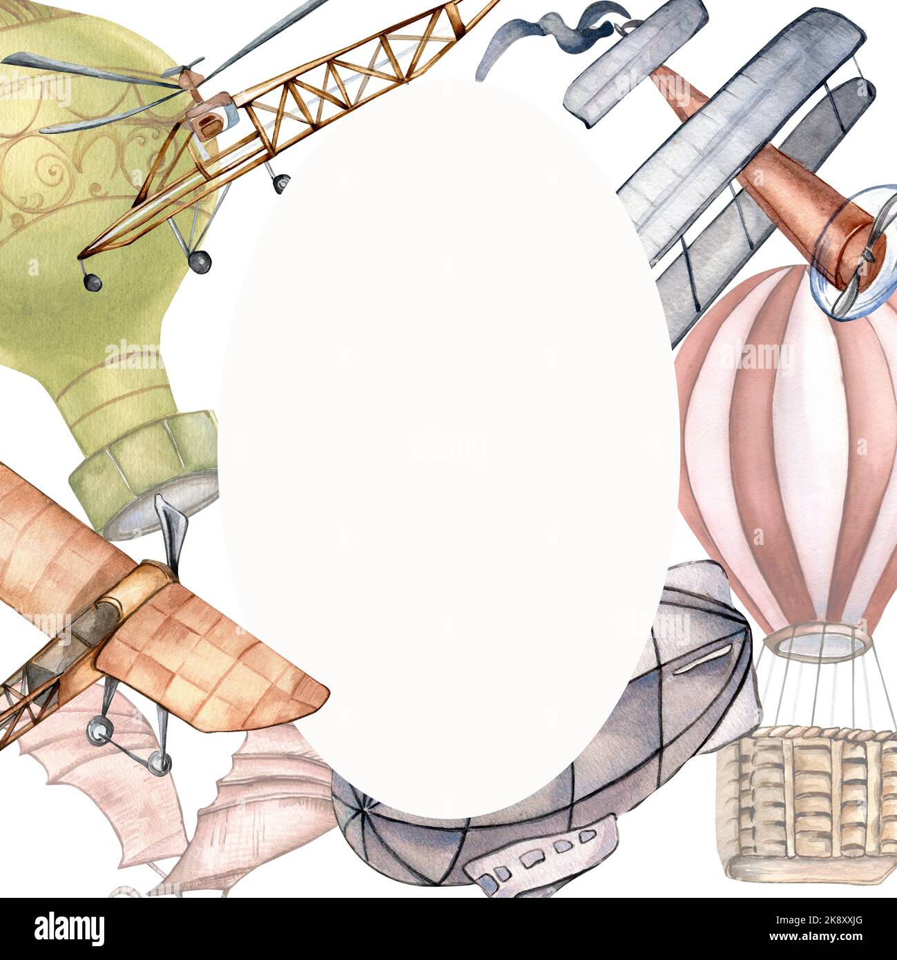 Circle frame of retro transport watercolor illustration isolated on ...