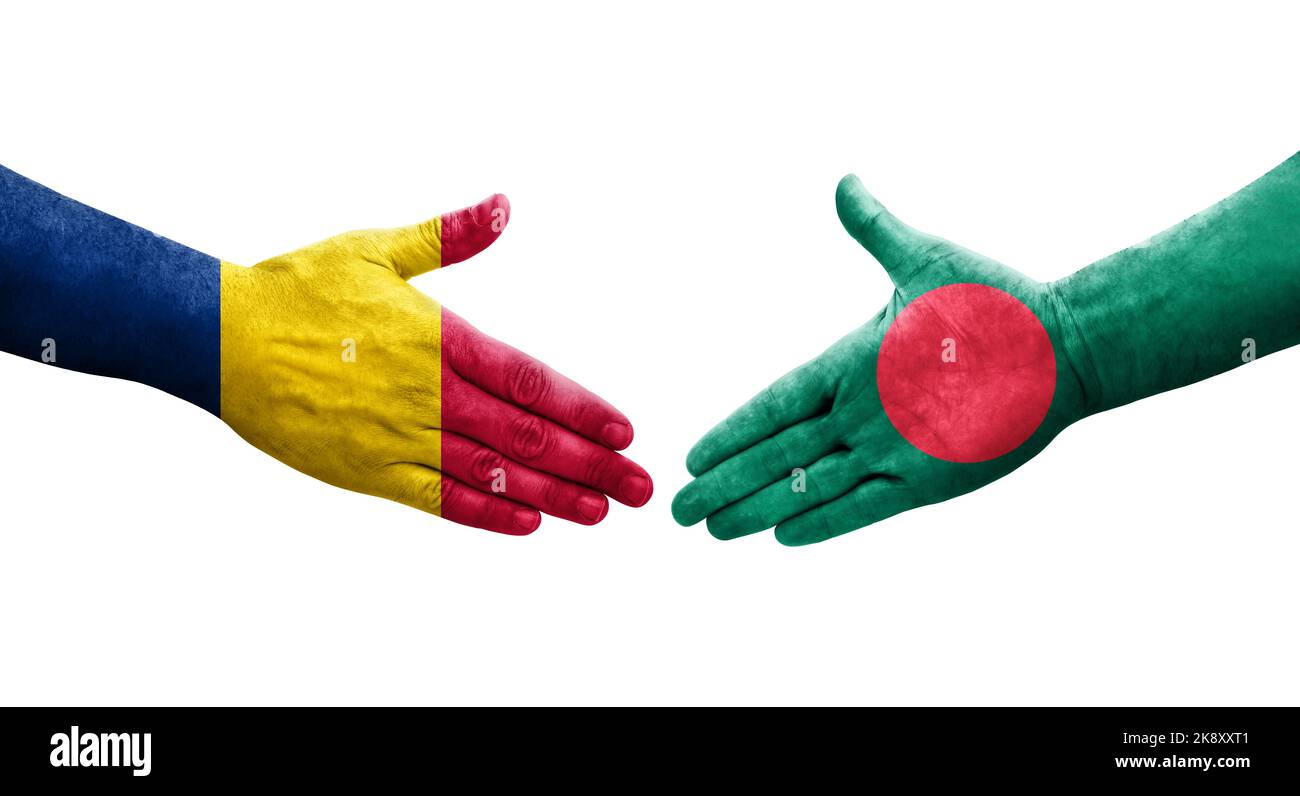 Handshake between Bangladesh and Chad flags painted on hands, isolated ...