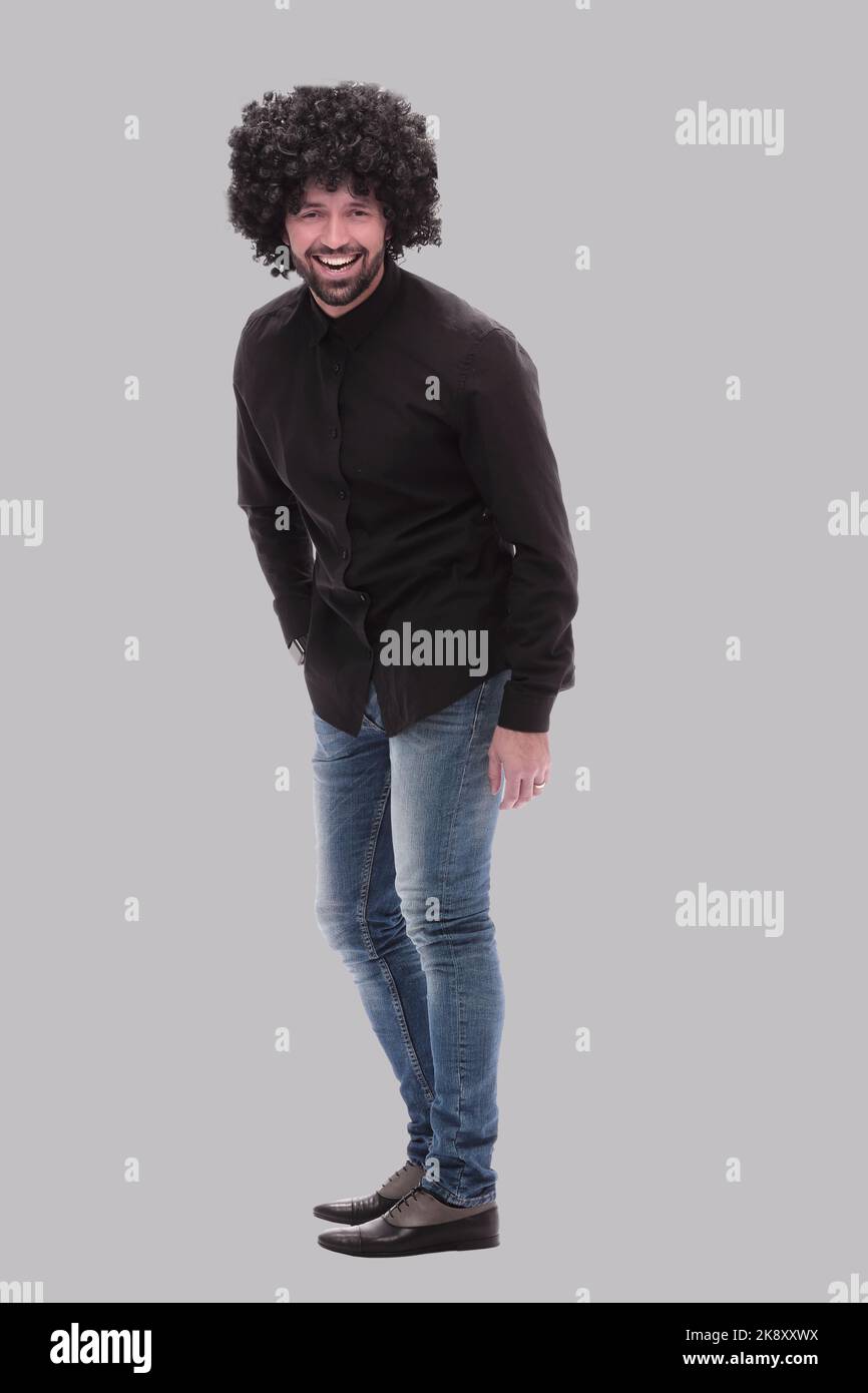 side view. funny shocking guy in jeans. isolated on white Stock Photo ...