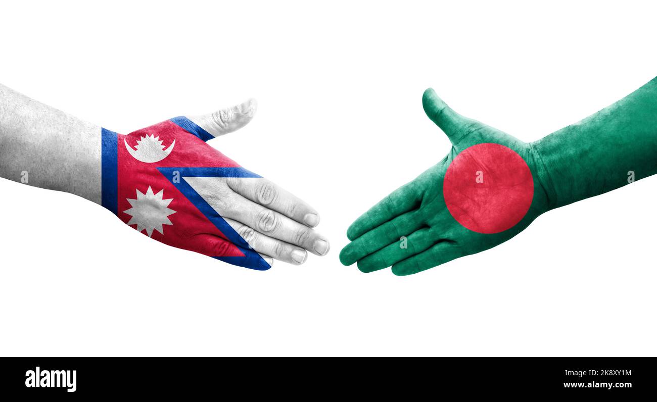 Handshake between Bangladesh and Nepal flags painted on hands, isolated ...