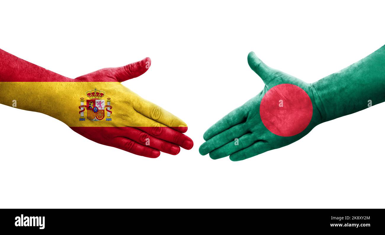 Handshake between Bangladesh and Spain flags painted on hands, isolated ...
