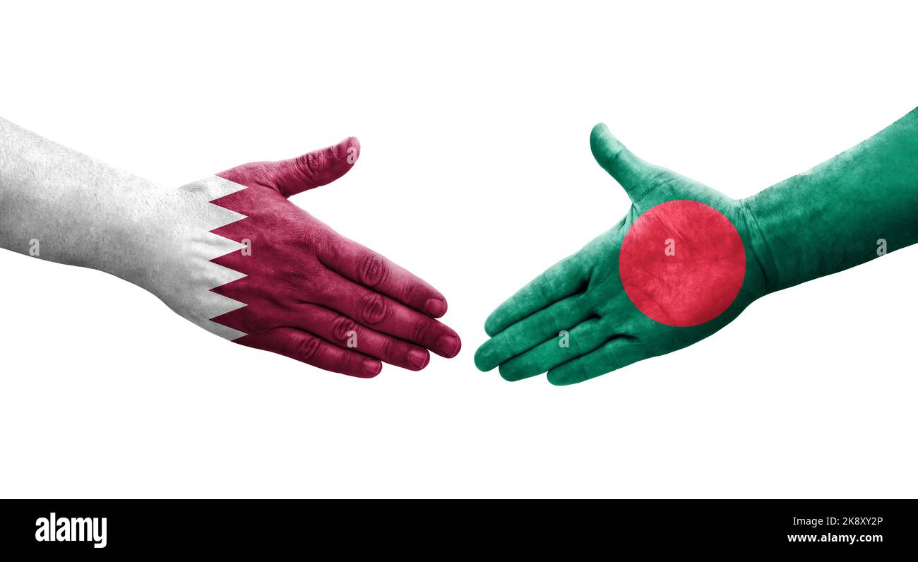 Handshake between Bangladesh and Qatar flags painted on hands, isolated ...