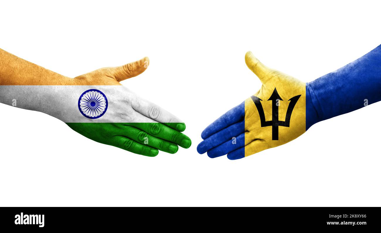 Handshake between Barbados and India flags painted on hands, isolated ...