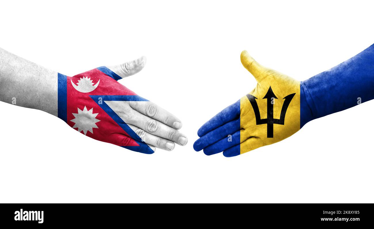 Handshake between Barbados and Nepal flags painted on hands, isolated ...