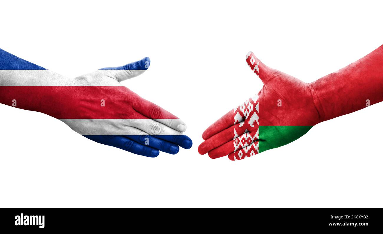 Handshake between Belarus and Costa Rica flags painted on hands ...