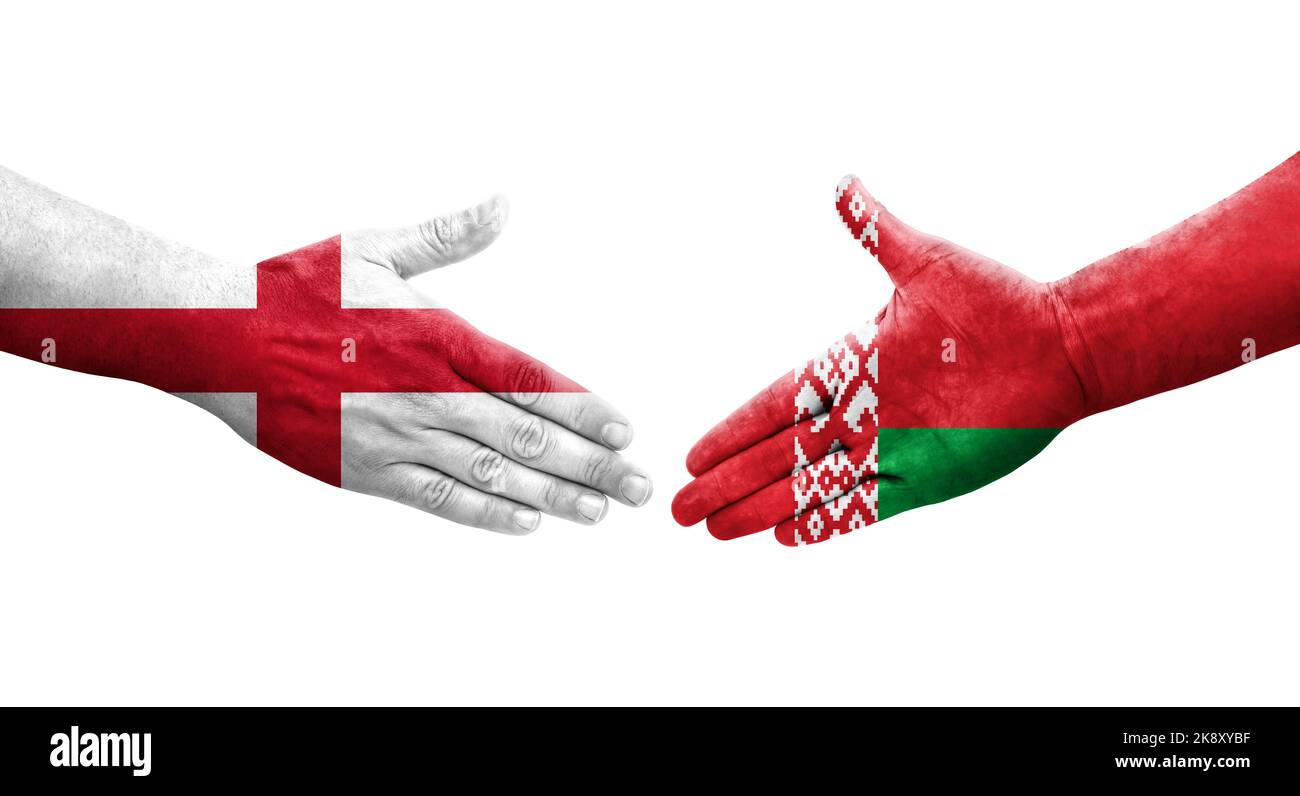 Handshake between Belarus and England flags painted on hands, isolated ...
