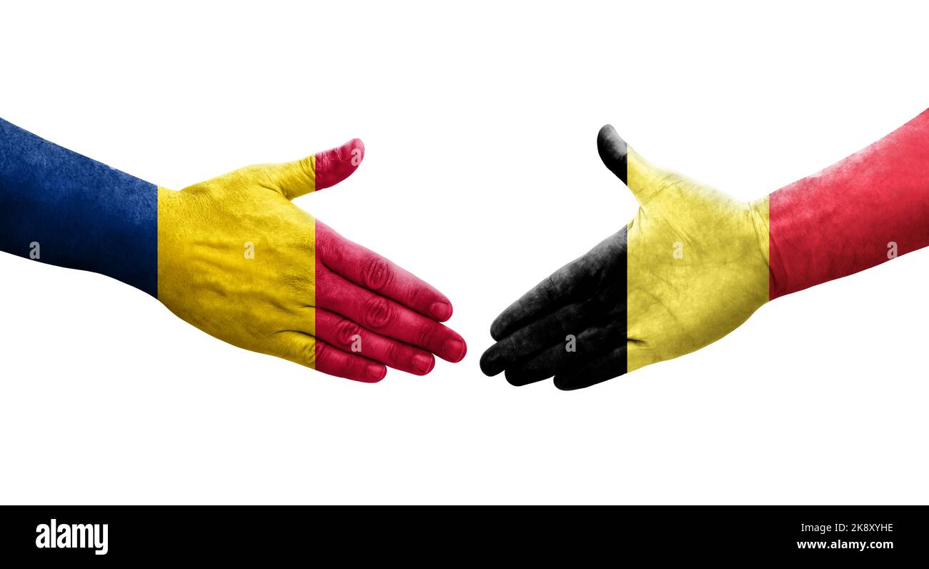 Handshake between Belgium and Chad flags painted on hands, isolated ...