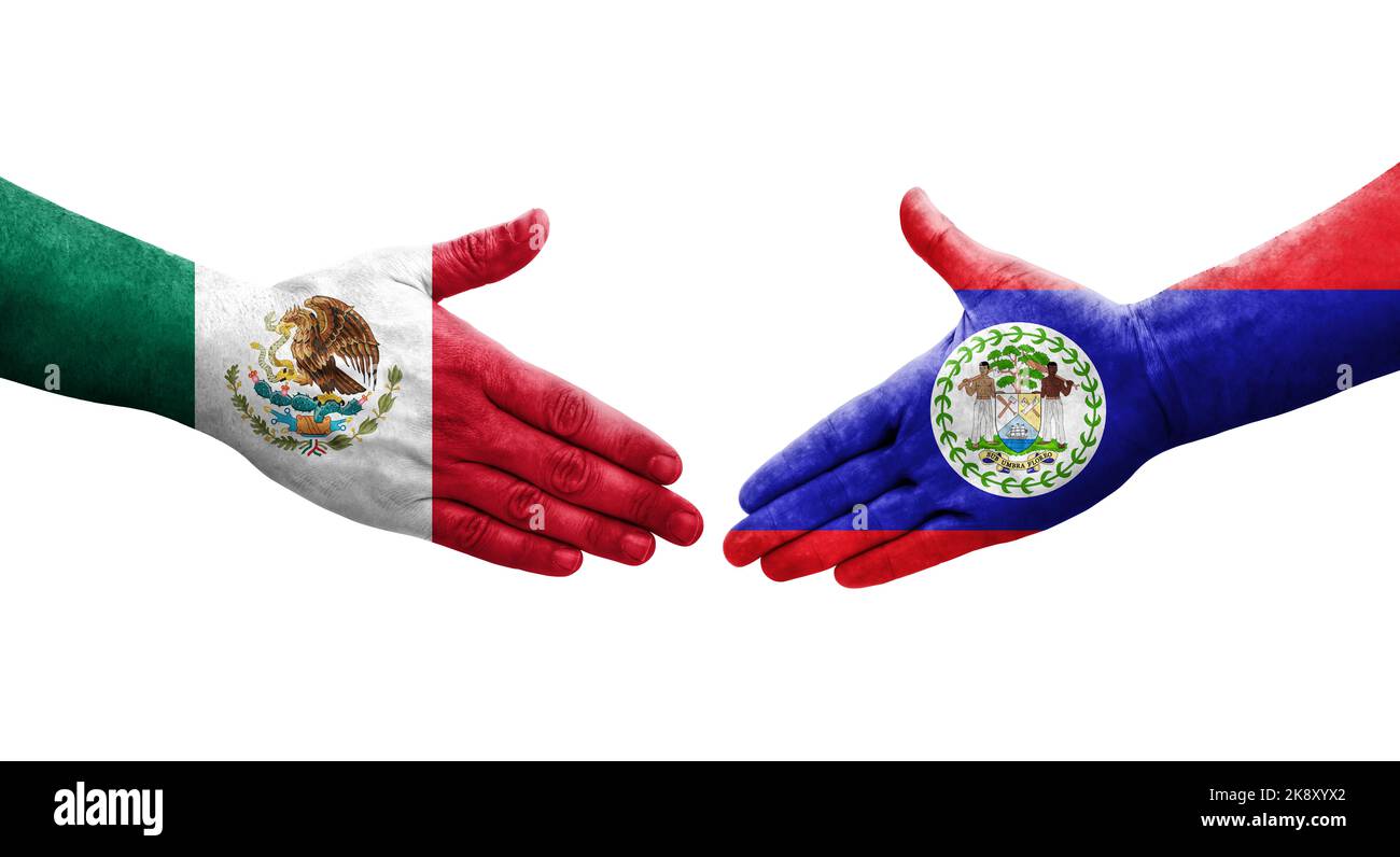 Handshake between Belize and Mexico flags painted on hands, isolated ...
