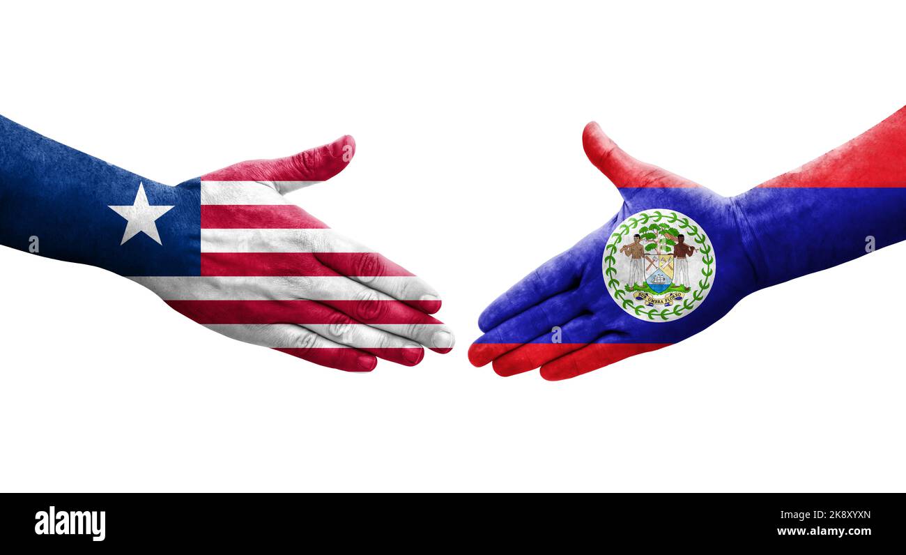 Handshake between Belize and Liberia flags painted on hands, isolated ...