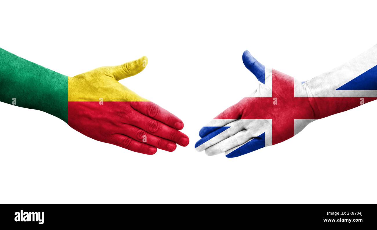 Handshake between Benin and Great Britain flags painted on hands ...