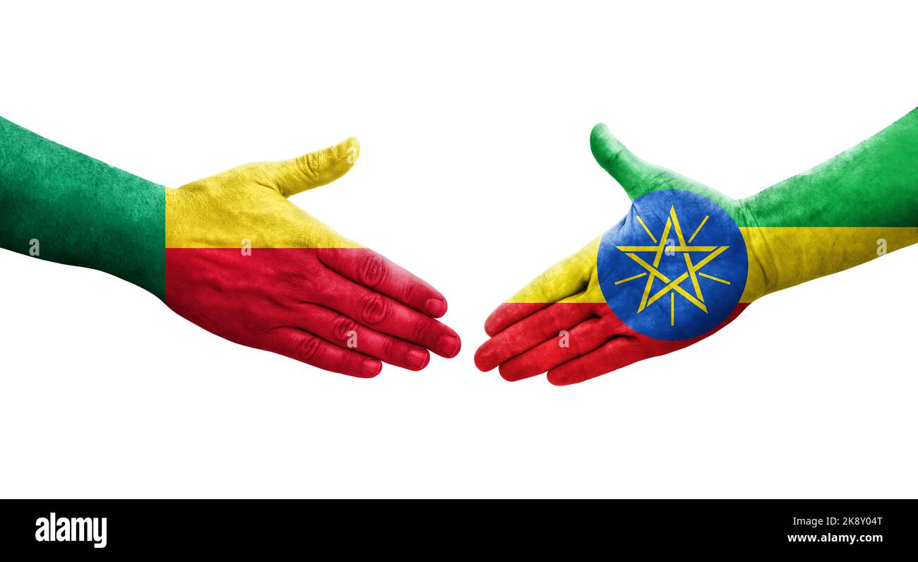 Handshake between Benin and Ethiopia flags painted on hands, isolated ...