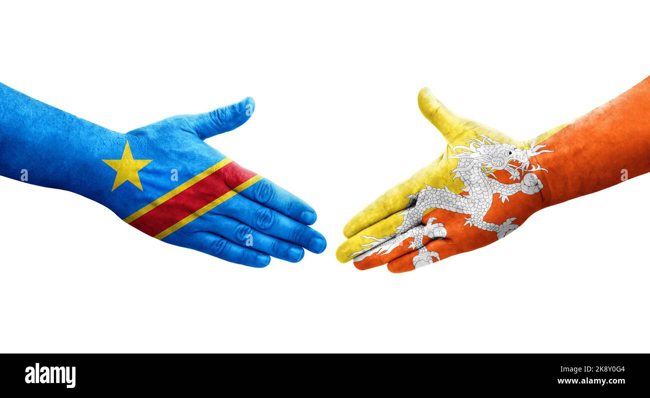Handshake between Bhutan and Dr Congo flags painted on hands, isolated ...