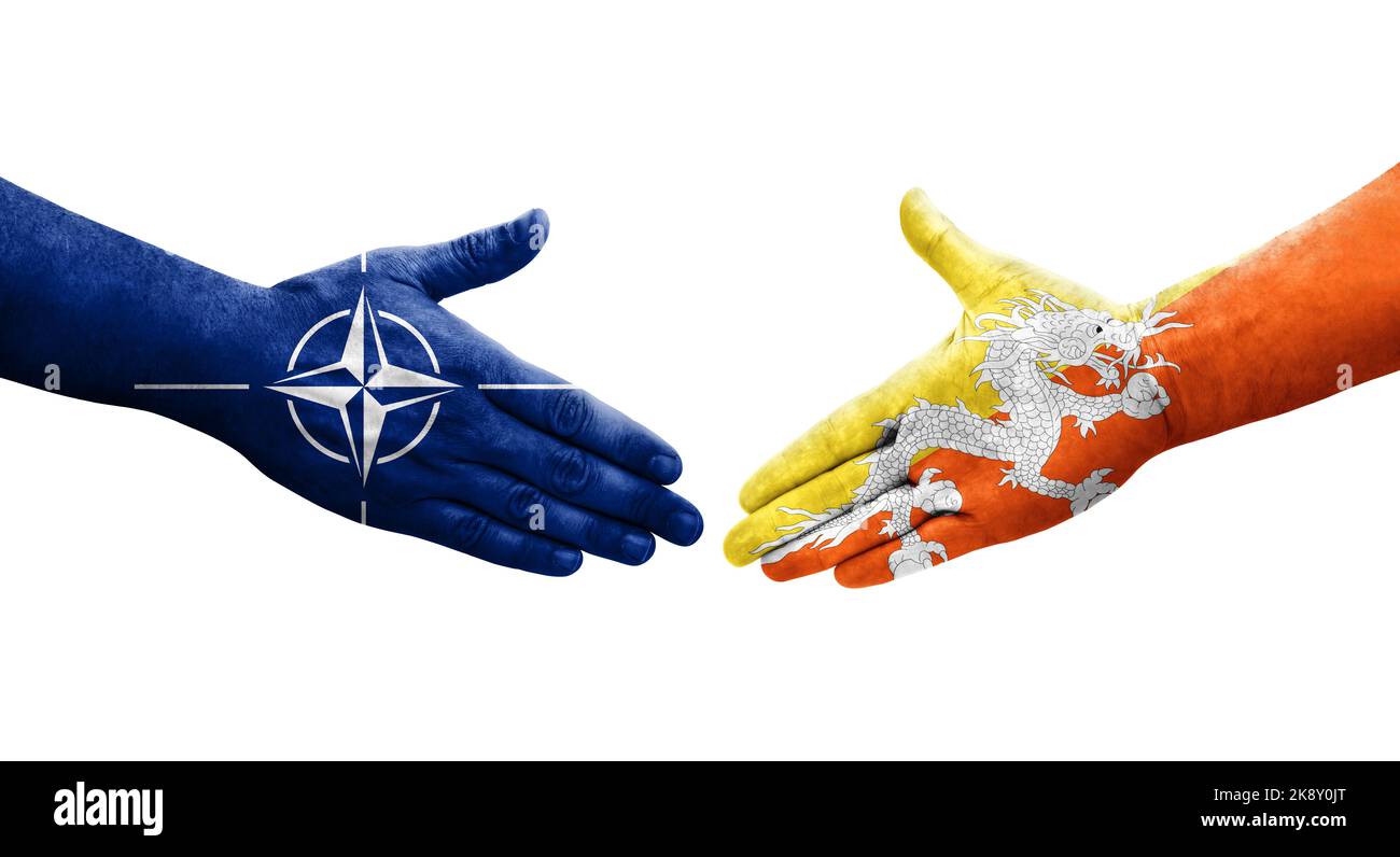 Handshake between Bhutan and Nato flags painted on hands, isolated ...