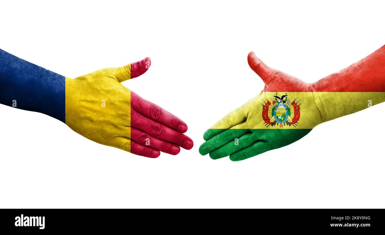 Handshake between Bolivia and Chad flags painted on hands, isolated ...