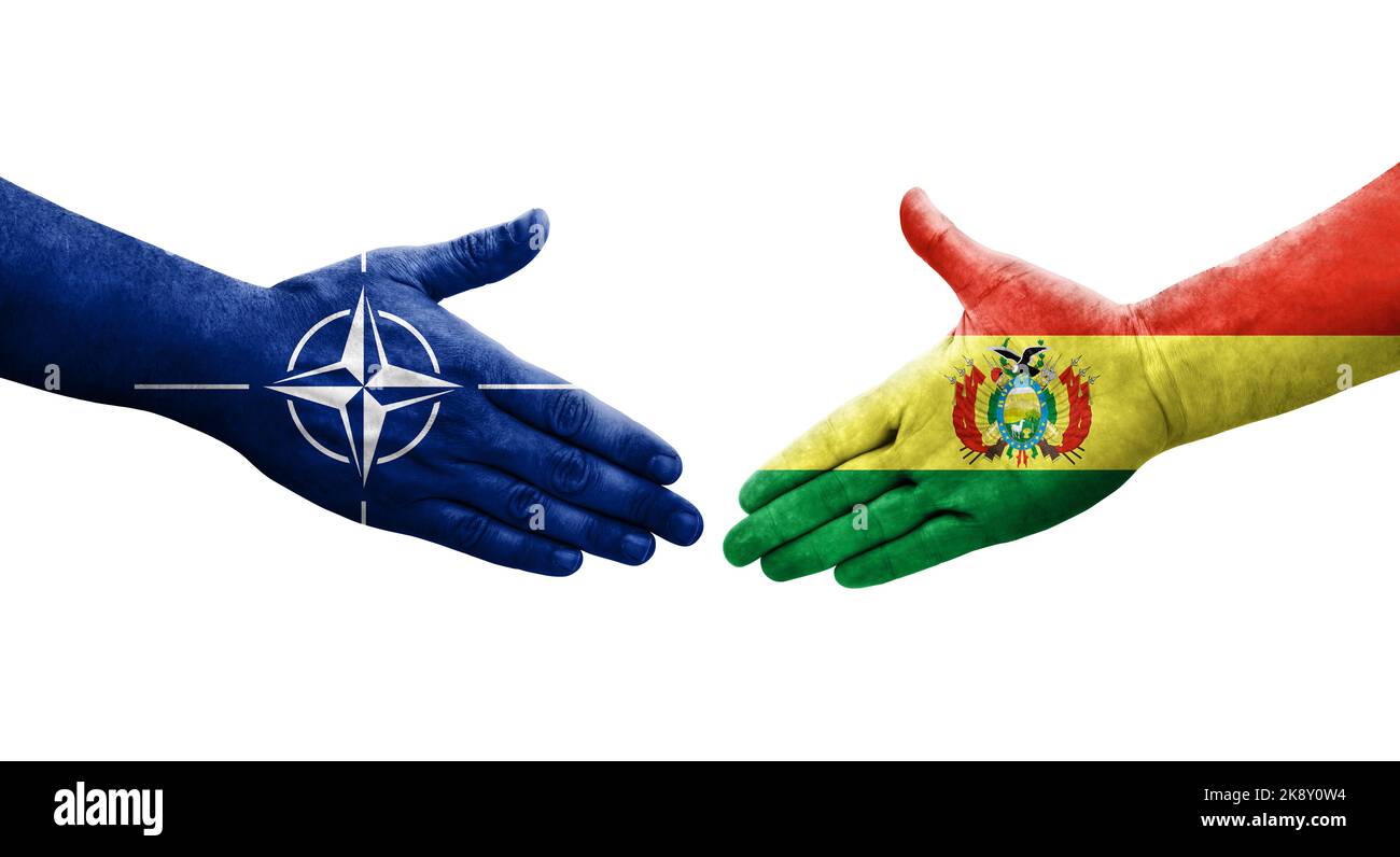 Handshake between Bolivia and Nato flags painted on hands, isolated ...