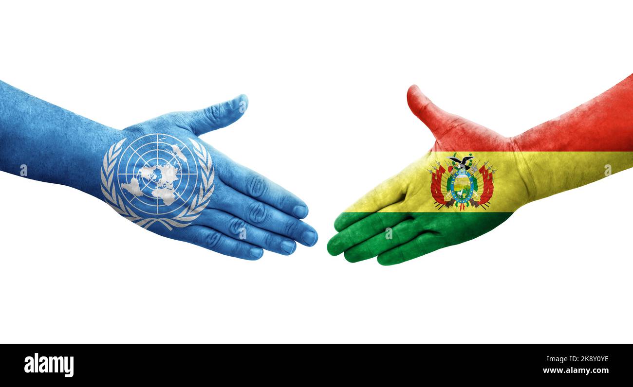 Handshake between Bolivia and United Nations flags painted on hands ...