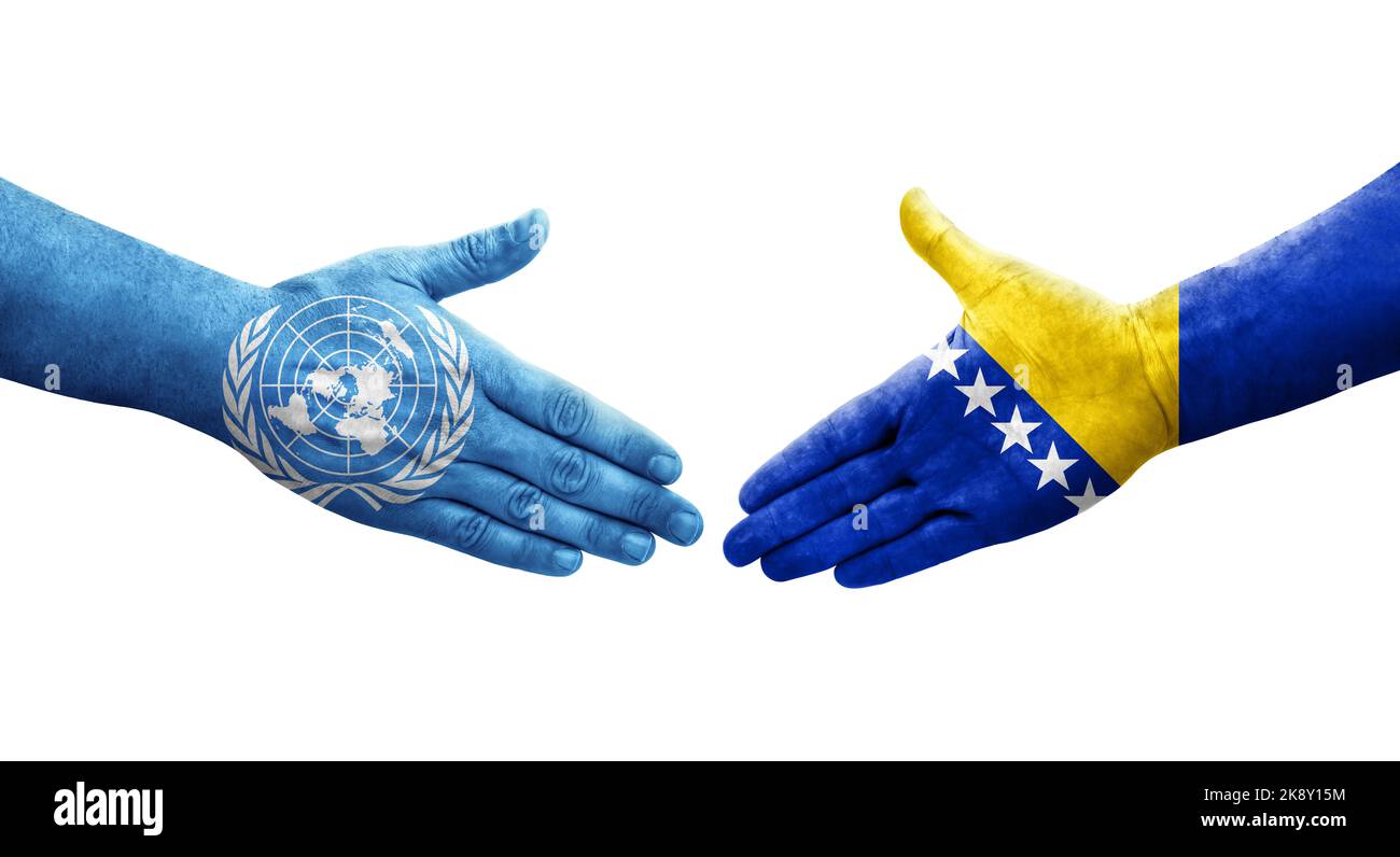 Handshake between Bosnia and United Nations flags painted on hands ...