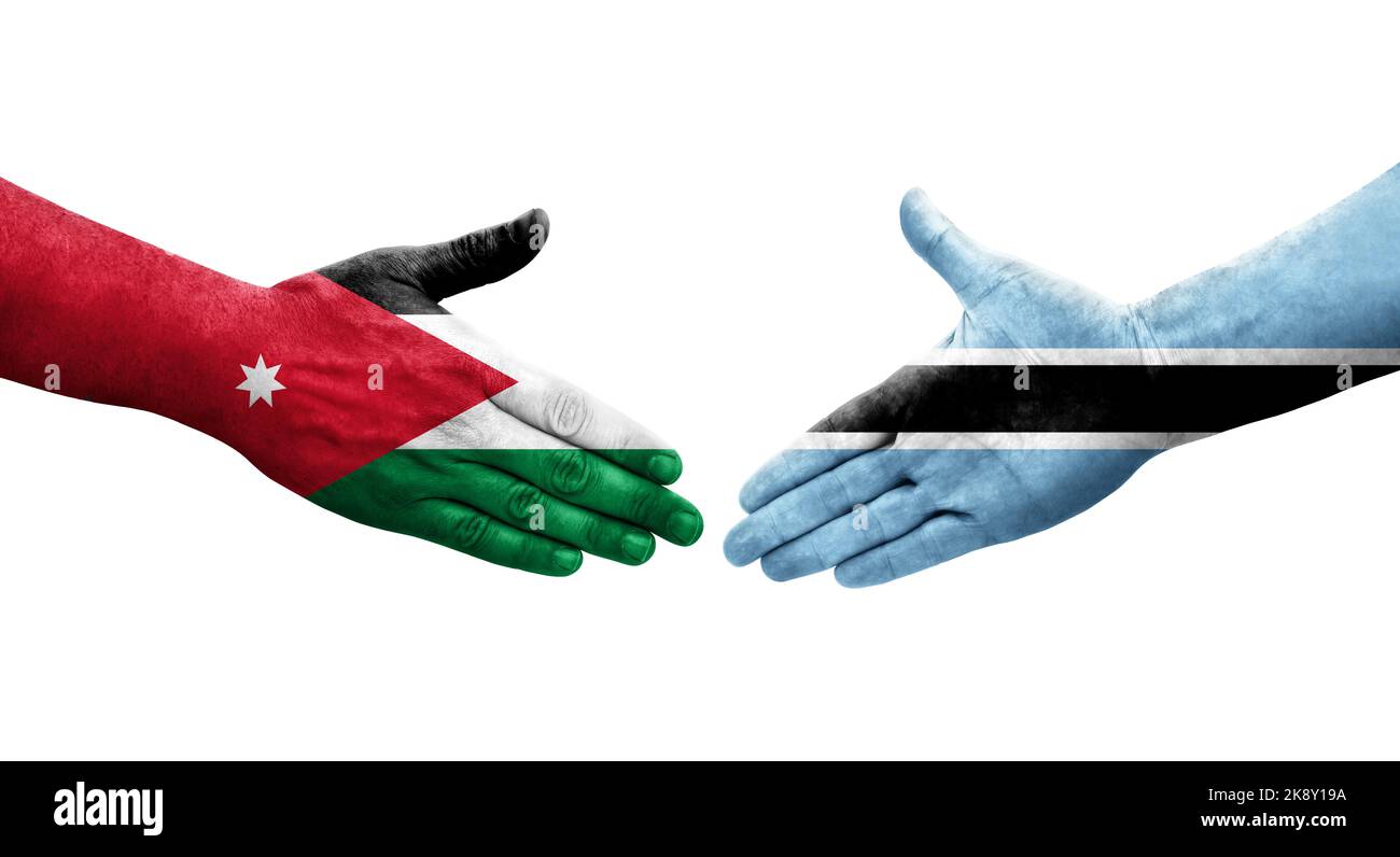Handshake between Botswana and Jordan flags painted on hands, isolated ...