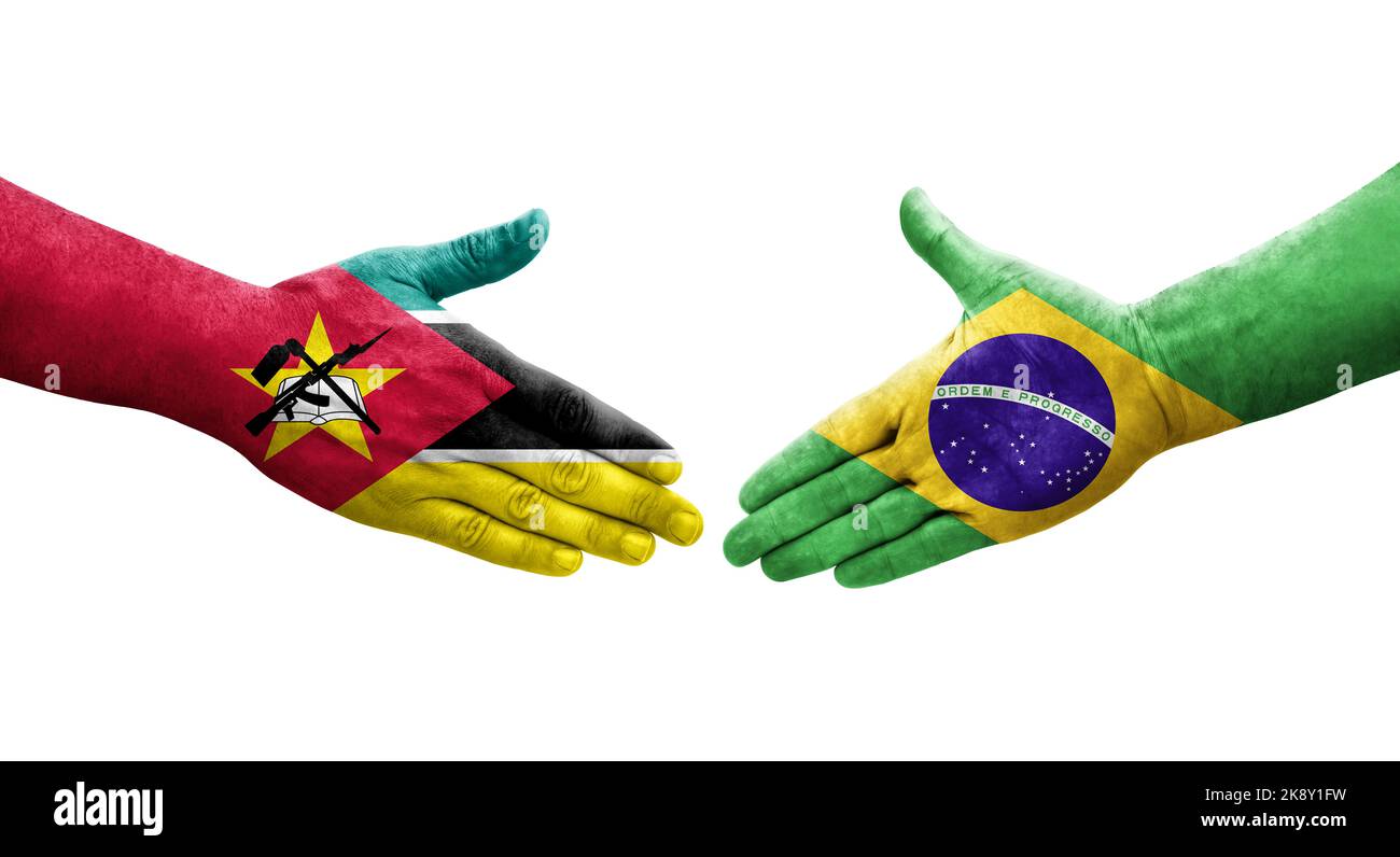 Handshake between Brazil and Mozambique flags painted on hands ...