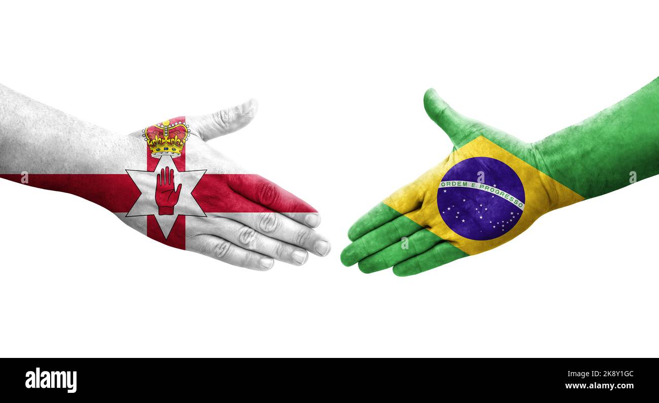 Handshake between Brazil and Northern Ireland flags painted on hands ...