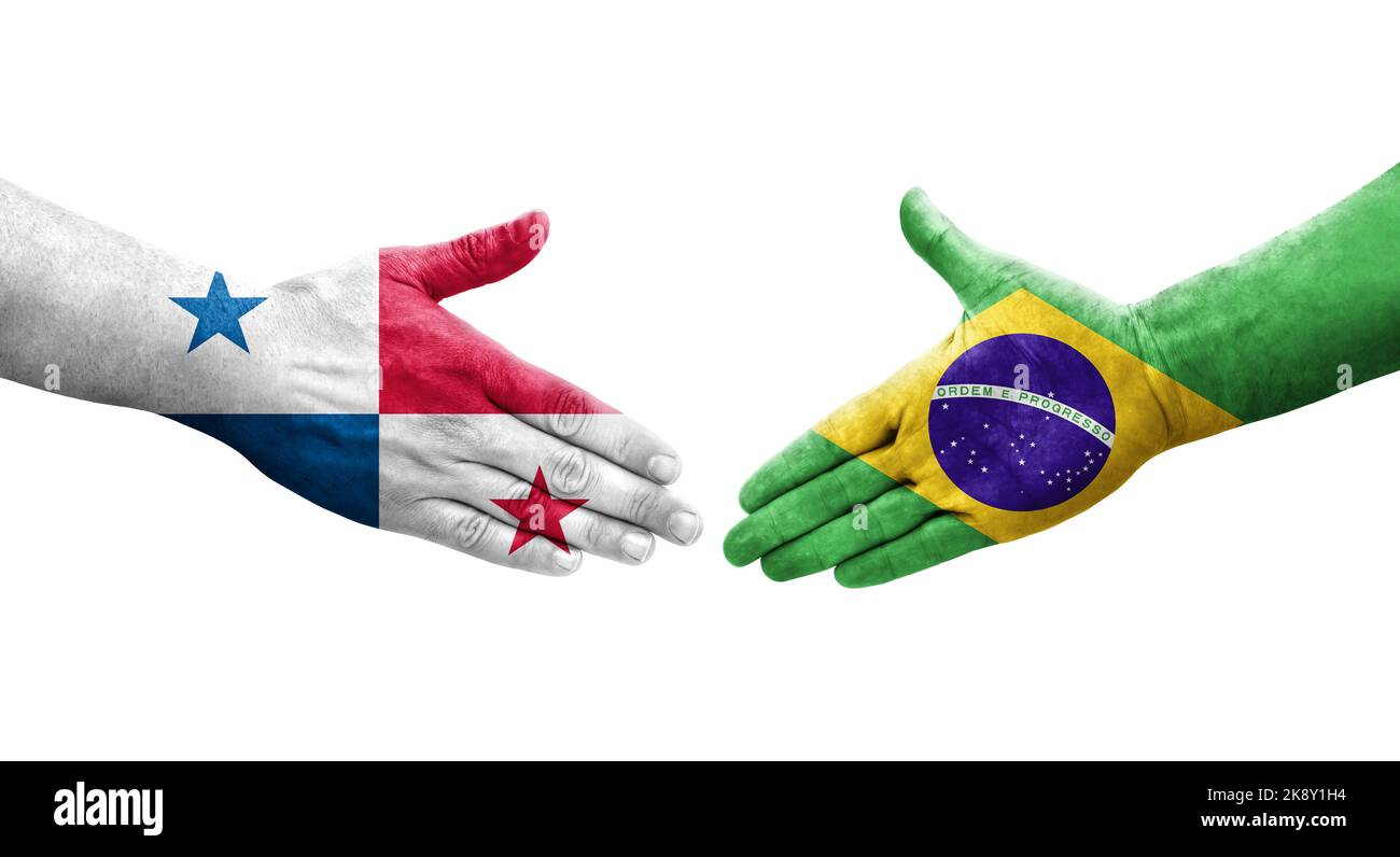 Handshake between Brazil and Panama flags painted on hands, isolated ...