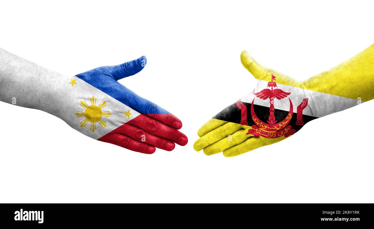 Handshake between Brunei and Philippines flags painted on hands ...