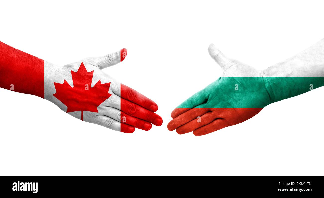 Handshake between Bulgaria and Canada flags painted on hands, isolated ...