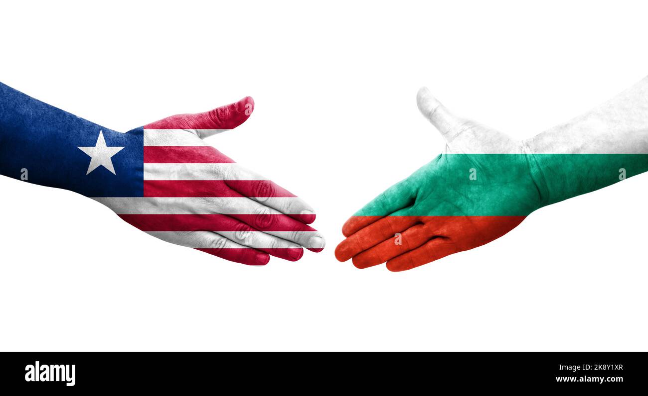 Handshake between Bulgaria and Liberia flags painted on hands, isolated ...